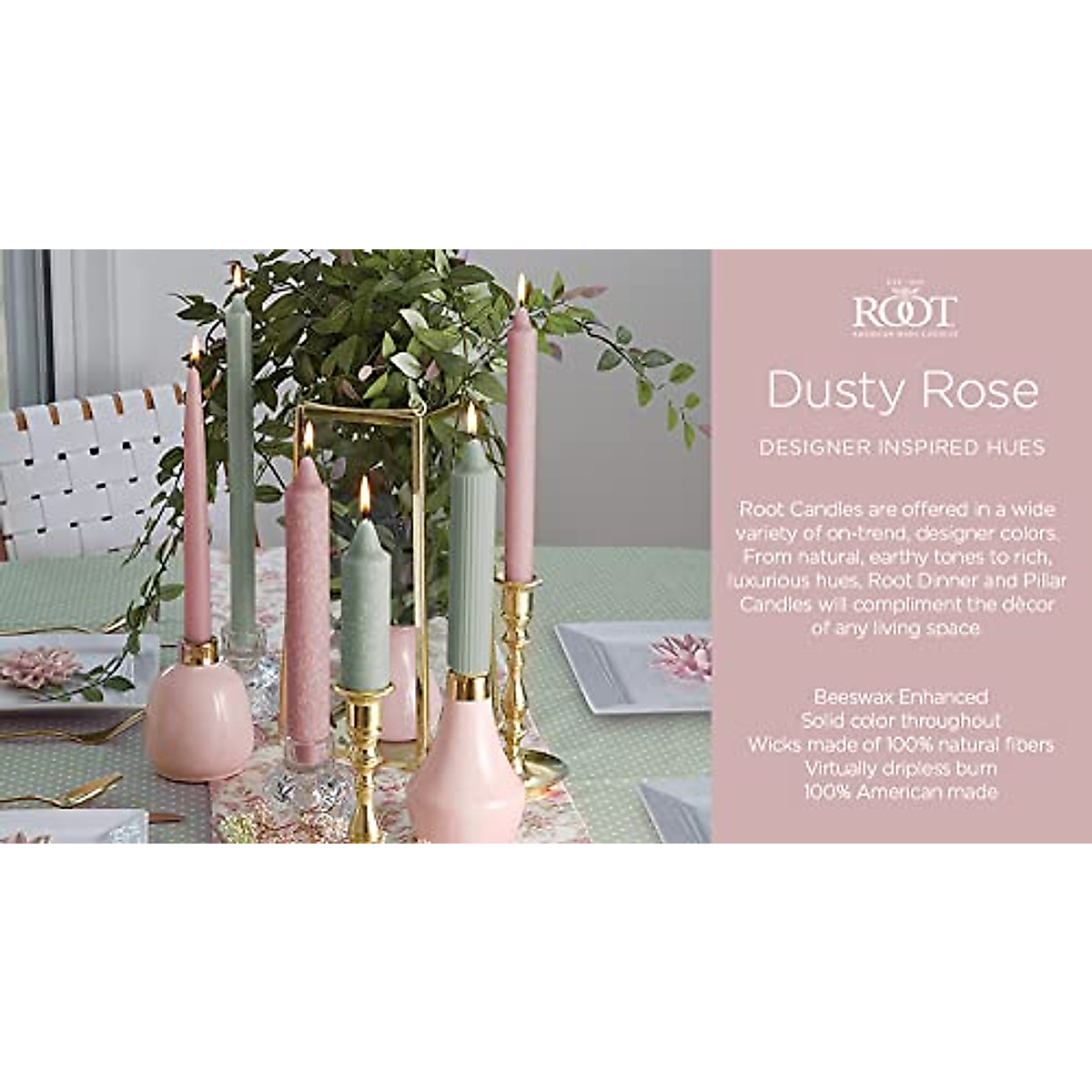 Root Candles 12-Count Unscented Taper Candles Smooth Hand-Dipped Dripless Beeswax Blend Dinner Candles, 12-Inch, Dusty Rose