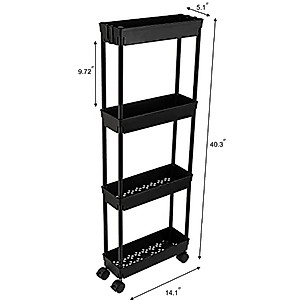 Sooyee 4 Tier Slim Storage Cart,Rolling Storage Cart,Narrow Shelf,Bathroom Rack,Mobile Shelving Unit Organizer for Kitchen, Bathroom, Laundry Room, Black