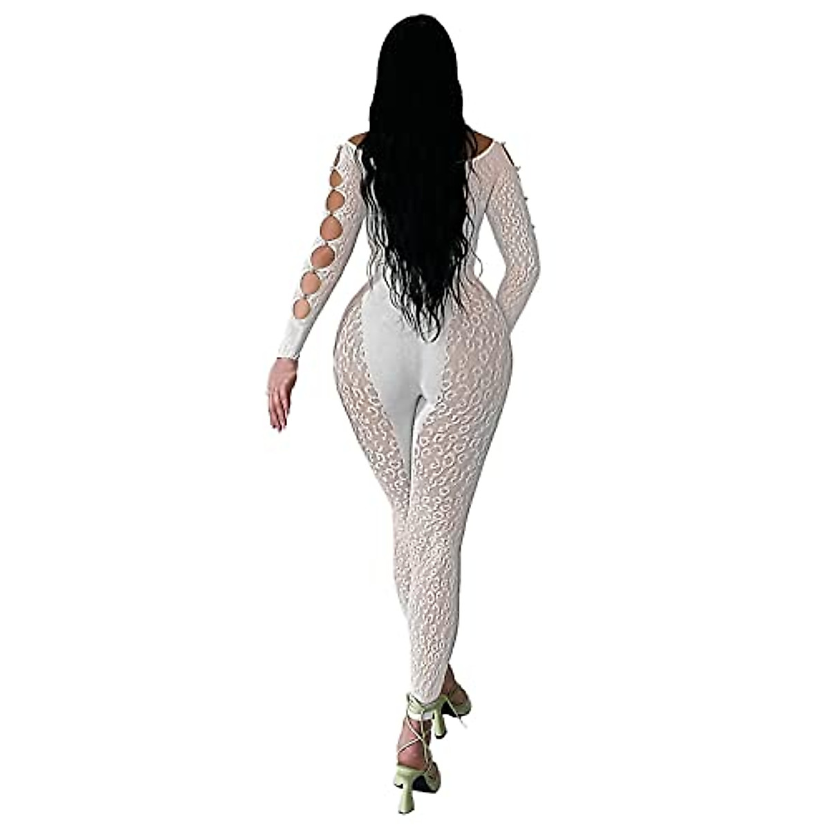 Uni Clau Women Off Shoulder Bodycon Jumpsuit Sexy Long Sleeve Mesh Sheer Long Pant Set Romper See-Through Playsuit White M