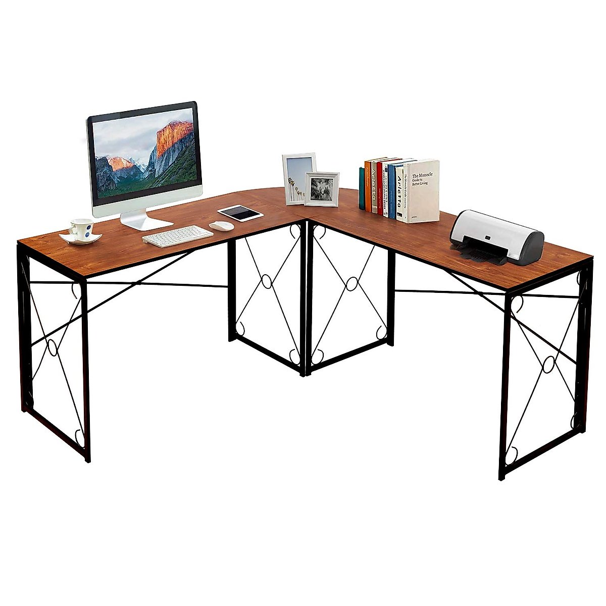 VECELO L Shaped Computer Corner Desk, 59’’x59’’ Large Industrial Home Office Workstation, Multi-Usage Long 2 Person Table, Easy Assembly/Saving Space, Steel Frame&Wooden Grain, Brown