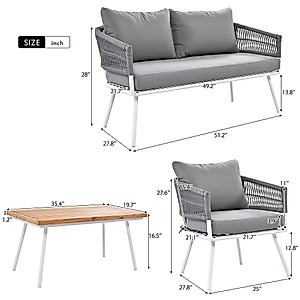 RuiSiSi 4 Piece Boho Rope Patio Furniture Set, Outdoor Furniture with Acacia Wood Table, Patio Conversation Set with Deep Seating and Thick Cushion for Backyard, Porch, Balcony, Grey