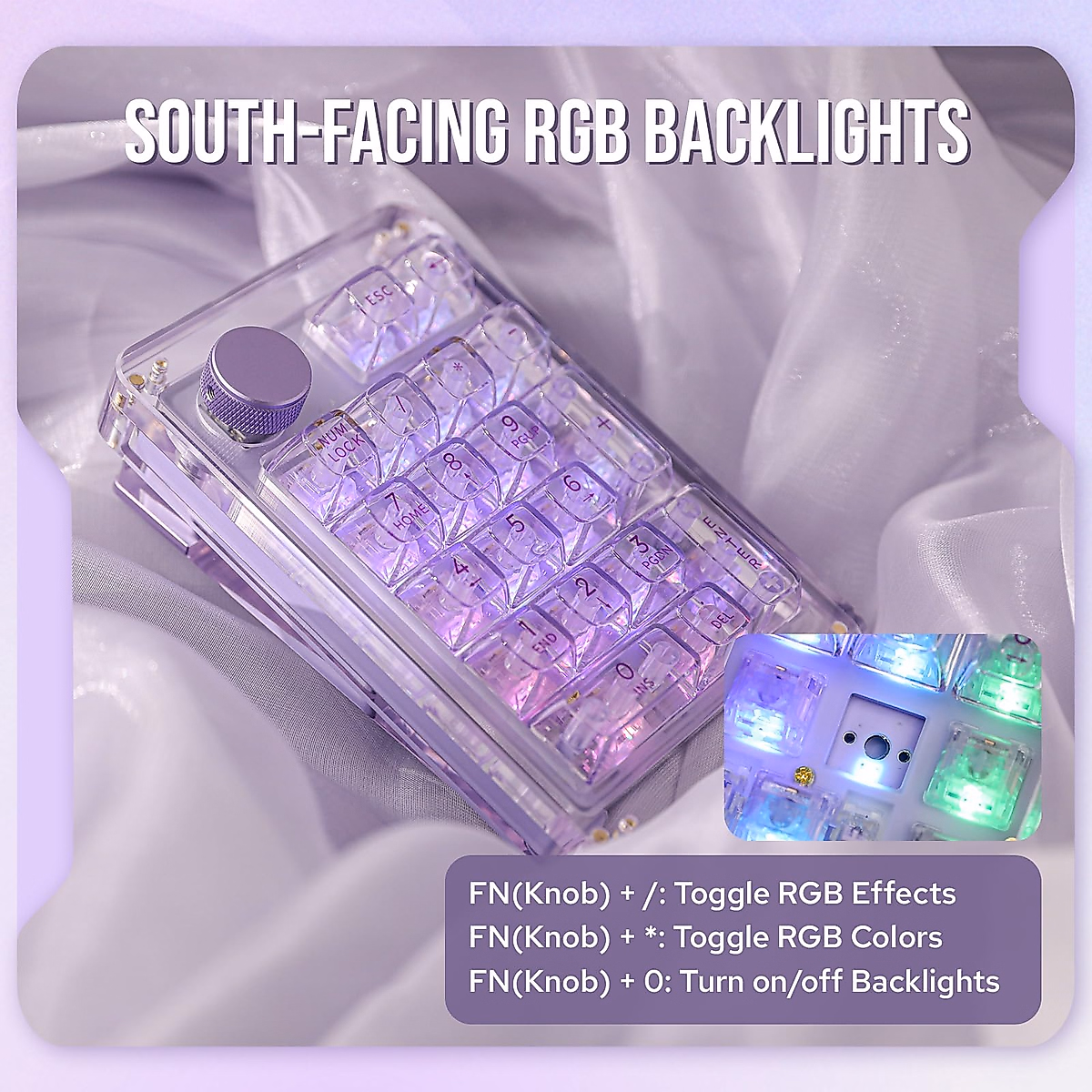 KiiBoom Phantom 21 Hot Swappable Crystal Acrylic Numpad, BT5.0/2.4GHz/USB-C Triple Mode NKRO Programmable Numeric Keypad with Knob, South-Facing RGB, 1900mAh Battery for Win/Mac (Purple)