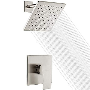 SOKA Shower Faucet Set with 8 Inch Rainfall Shower Head Bathroom Rainfall Shower System Single Function Shower Trim Kit with Rough-In Valve Pressure Balance Square Shower Head Brushed Nickel