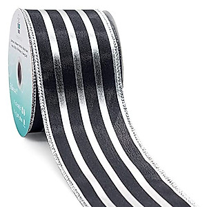 CT CRAFT LLC Black Satin with Silver Stripe Wired Ribbon - 2.5" x 10 Yards for Christmas Home Decor, Gift Wrapping, Bow Making, Wreath, DIY Crafts