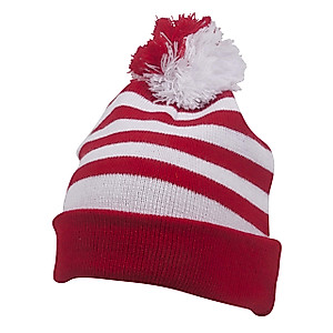 TOP HEADWEAR Striped Long Beanie w/Pom Red White Hat