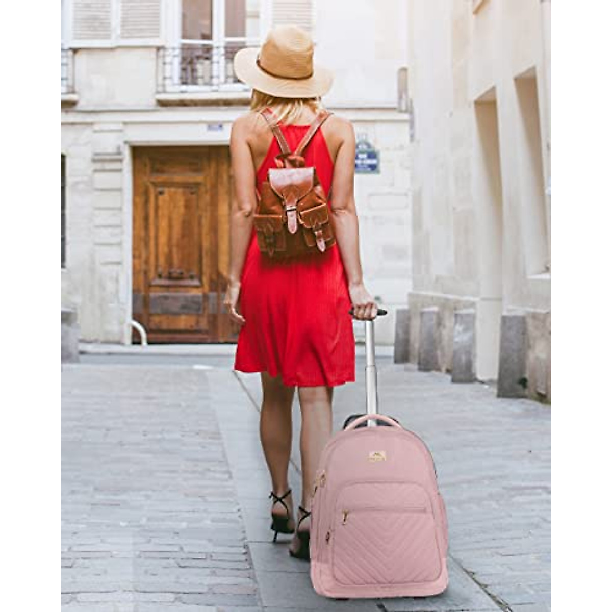 MATEIN Rolling Backpack for Women, 17 Inch Travel Laptop Backpacks with Wheels, Waterproof Large Carry On Business Luggage Roller Backpack, Trolley Suitcase Overnight College Work Computer Bag, Pink