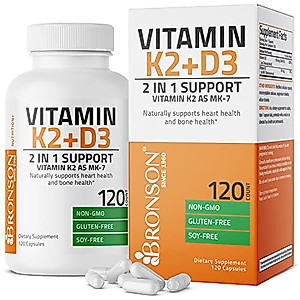 Bronson Vitamin K2 (MK7) with D3 Supplement Non-GMO Formula 5000 IU Vitamin D3 & 90 mcg Vitamin K2 MK-7 Easy to Swallow Vitamin D & K Complex, 120 Capsules