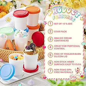 Amyhill 12 Pieces Ice Cream Containers 6 oz Reusable Storage Freezer Homemade Ice Cream Containers Freezer Storage Tubs with Silicone Lids Mini Tubs Frozen Yogurt Fit for Baby Food Freezer Storage