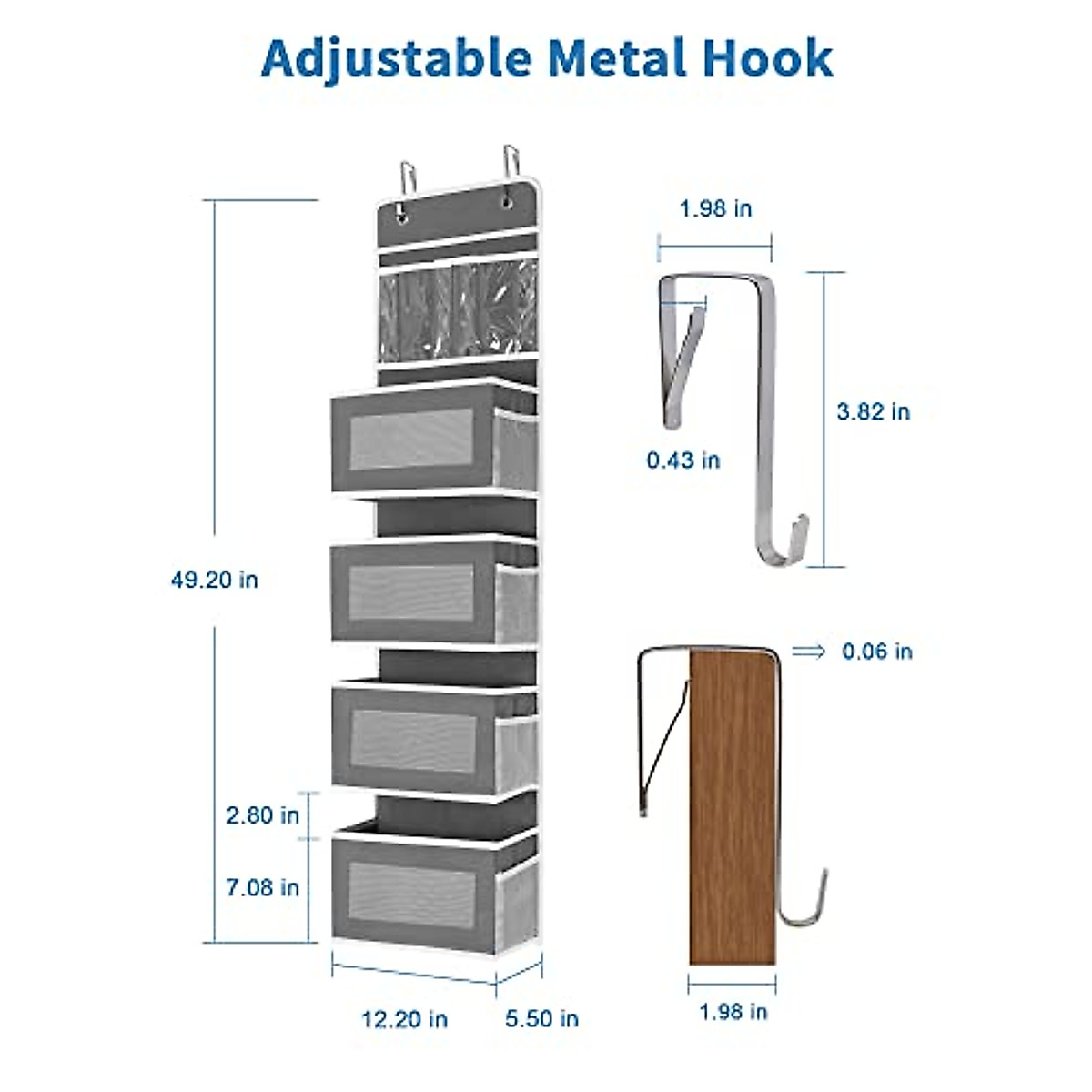 JARLINK 2 Pack 5-Shelf Over Door Hanging Organizer, Wall Mount Storage for Bedroom, Clear Window and PVC Pocket for Storage Cosmetics, Stationery, Sundries, etc (Grey)