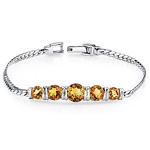 PEORA Citrine 5-Stone Bracelet for Women 925 Sterling Silver, Natural Gemstone Birthstone, 3.75 Carats total Round Shape, 7 1/4 inch length