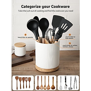 LoeJan 3 Compartment Utensil Holder, 7.2" Extra Large Utensil Crock, Stable Ceramic Utensil Organizer, Cooking Tool Organizer Set for Kitchen Counter Farmhouse Decor