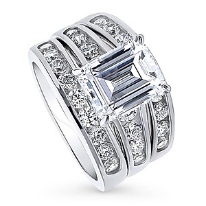 BERRICLE Sterling Silver Solitaire Wedding Engagement Rings 3.8 Carat Emerald Cut Cubic Zirconia CZ Statement Ring Set for Women, Rhodium Plated Size 7