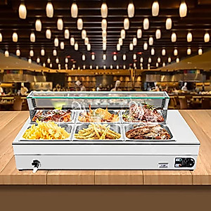 110V Bain Marie Food Warmer 6 Pan, Food Grade Stainelss Steel Commercial Food Steam Table 6-Inch Deep, 1200W Electric Countertop Food Warmer with Tempered Glass Shield
