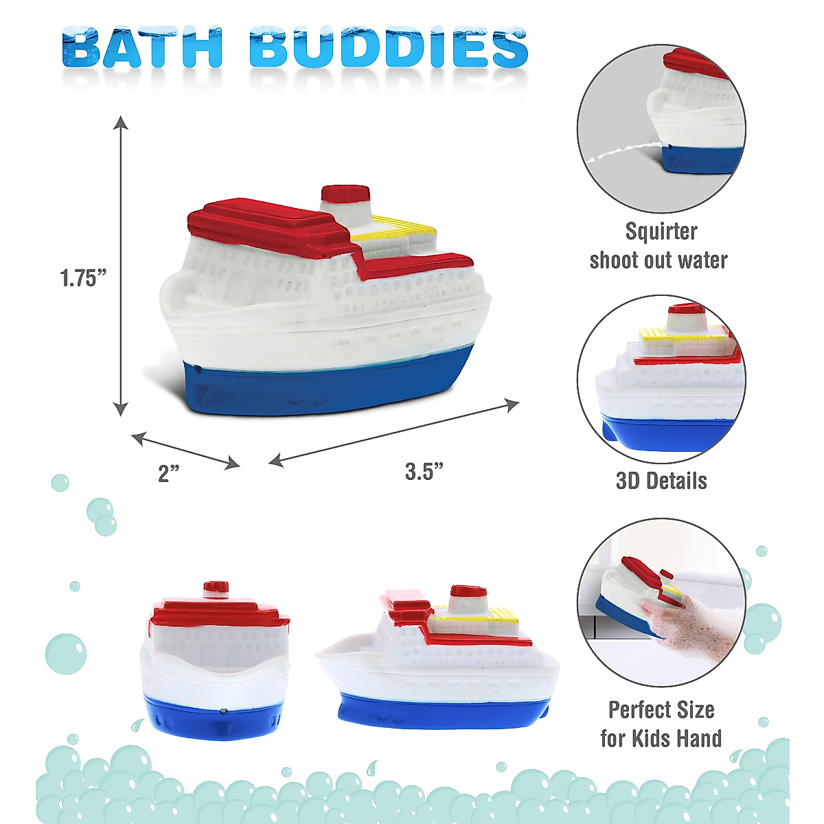 DolliBu Cruise Ship Bath Buddy Squirter - Floating Ship Rubber Bath Toy, Fun Water Squirting Bathtime Play for Toddlers, Cute Watercraft Vehicle Toy for The Bathtub, Beach, & Pool for Girls & Boys