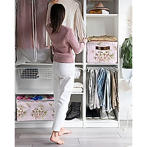 Easter Storage Bins with Handles, Bunny Spring Flowers Lop Rabbit Pink Plaid Storage Basket for Shelves, Cube Storage Organizer Bins for Toys, Closet (2 Pack, 15" x 11" x 9.5")