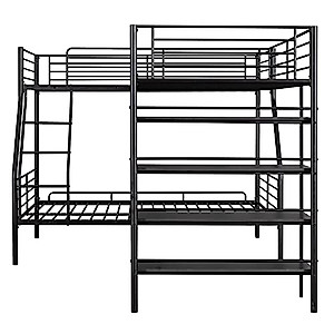 Twin Over Full Bunk Bed and Twin Size Loft Bed with Four Built-in Shelves, Metal L-Shaped Bunk Bed Frame with Guardrails and Ladders, Corner Beds for Kids Teens Boys Girls Bedroom Furniture (Black-L1)