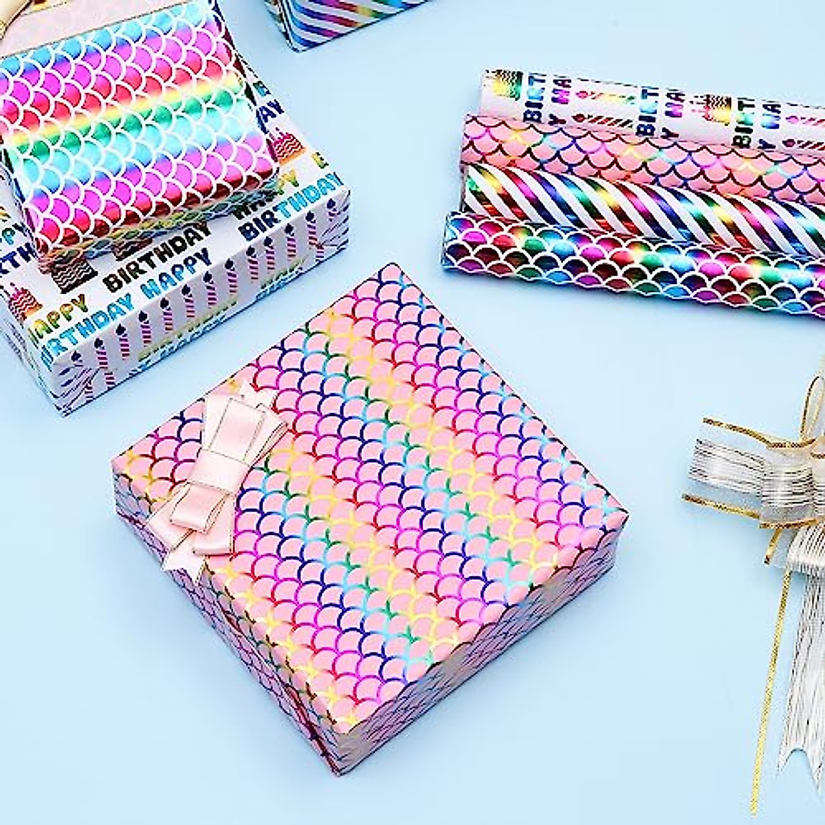 THMORT Mermaid Wrapping Paper Roll with a Cutter Kit for Girls&Boys,Kids Birthday Adults, Princess Pink Barbies 17 Inch X 120 Inch Gift Wrapping Paper Colorful Rainbow Happy Birthday wrapper.