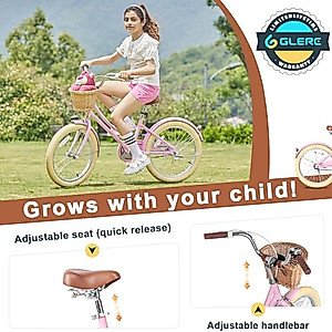 Glerc Little Molly 20 inch Kids Retro Cruiser Bike Bicycle for Girls Ages 7 8 9 10 11 12 13 Year Old with Wicker Basket & Lightweight & Kickstands & Bell for Birthday Gift Pink