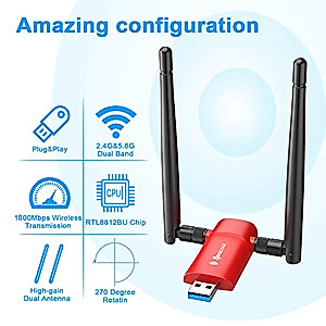 Wireless USB WiFi 6 Adapter for PC - Nineplus 802.11ax 1800Mbps Dual Band 5G/2.4G Antenna PC WiFi Adapter for Desktop Laptop Win11/10, Wireless Adapter for Desktop Computer Network Adapters
