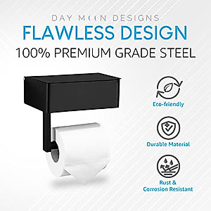 Day Moon Designs Toilet Paper Holder with Shelf - Flushable Wipes Dispenser & Storage Fits Any Bathroom, Keep Your Wet Wipes Hidden - Stainless Steel Wall Mount Bathroom Organizer - Matte Black, Small