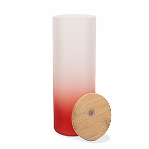Elanze Designs 25 oz Blank Gradient Frosted Glass Travel Tumbler With Straw & Bamboo Lid For Iced or Hot Beverage, Crimson Red Ombre