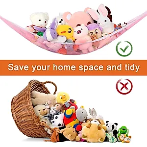 4 Pieces Stuffed Animal Hammocks Stuffed Toy Storage Hammock Nets Jumbo Wall Sling Corner Mesh Toy Organizer, Doll Hanging Net with Hooks for Bedroom Playroom Plush (Black, Blue, White, Pink)