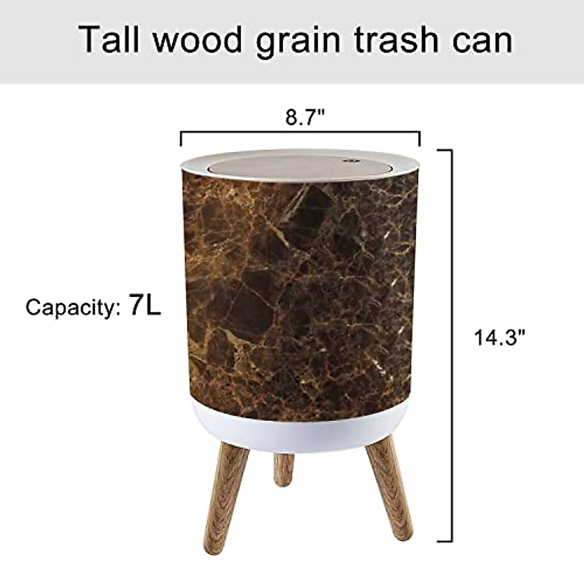 Small Trash Can Textured Dark Brown Marble Stone with White Spots Recycle Bins with Press Top Lid Dog Proof Wastebasket for Kitchen Bathroom Bedroom Office 7L/1.8 Gallon