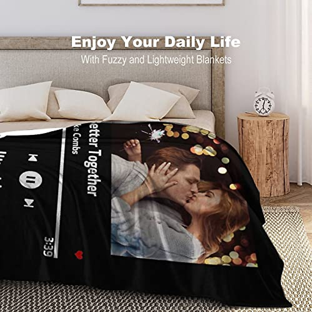 Personalized Spotify Code Music Blanket,Customized Blankets with Photos for Couples Lover, Custom Flannel Blankets Using Photos of Family, Friends, Dog, Cat Or Pet, Birthday Valentines Gifts