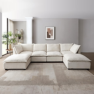 Cloud Couch Sectional Couches for Living Room U Shaped, 130" Beige Convertible Sofa Bed, Modular Sectional Sleeper Sofa with Ottomans, 6 Seat Deep Seat Lounge Sofa with Chaise for Office