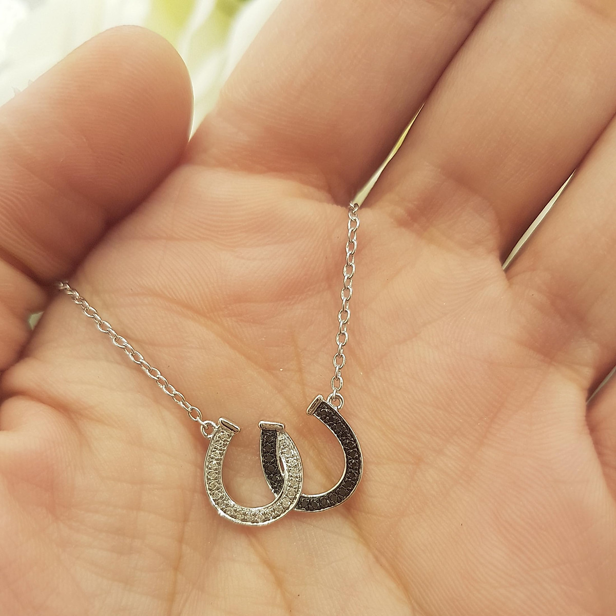 Dazzlingrock Collection 0.12 Carat (Ctw) Round Black & White Diamond Double Horseshoe Pendant with 18 inch Silver Chain for Women in in 925 Sterling Silver