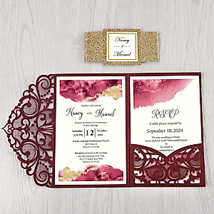 DORIS HOME 50PCS Laser Cut Wedding Invitations with Envelopes and RSVP Cards BLANK Inner With Gold Glitter Belly Band for Wedding Engagement Bridal Shower Party Invite 4.7x7 Inch Burgundy
