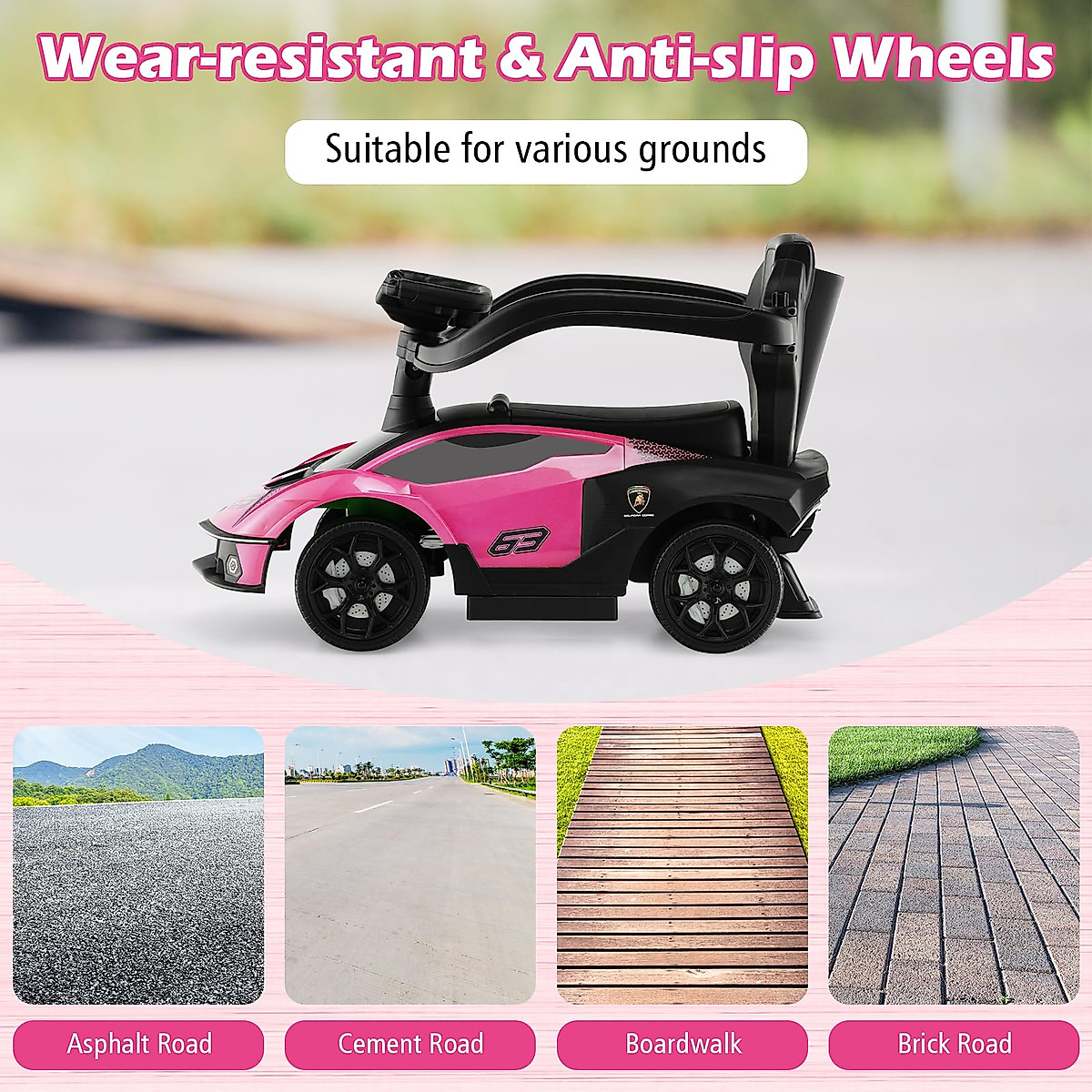 Costzon Push Cars for Toddlers, 3 in 1 Licensed Lamborghini Stroller Sliding Walking Car w/Handle, Armrest Guardrail, Underneath Storage, Horn, Foot-to-Floor Ride On Toy for Boys Girls (Pink)