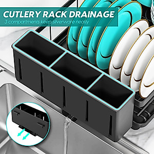 MERRYBOX Dish Drying Rack Dish Racks for Kitchen Counter Sink with Drainboard Black Rustproof Drying Rack Kitchen Dish Drainer with Widened Leak-Proof Spout, Large 3-Compartment Utensil Holder