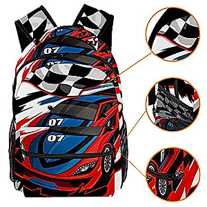 JAVENPROEQT Speeding Racing Car With Checkered Flag Race Track Casual School Backpack For Teen Girls Boys, Shoulder Bag For Men Women
