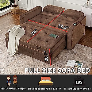 Gynsseh Convertible Sleeper Sofa Bed, 3 in 1 Pull Out Sofa Sleeper with Dual USB Ports and 2 Pillows, Velvet Upholstered Sleeper Loveseat Couch with Pull Out Bed, Full Size, S1-V-Brown