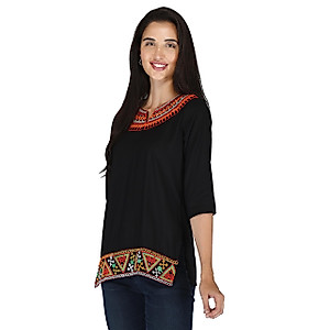 MESMERIICAL Women's Embroidered Cotton Short Kurti (Large, Black)