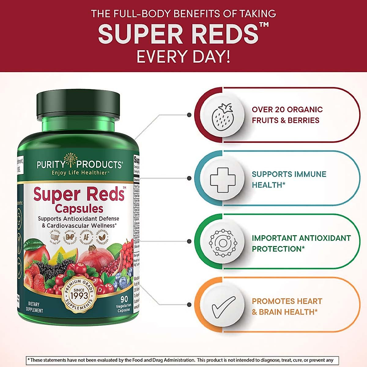 Purity Products Super Reds Capsules Formula (20+ Organic Super Fruits and Berries) Certified Organic Phytonutrients - 90 Capsules