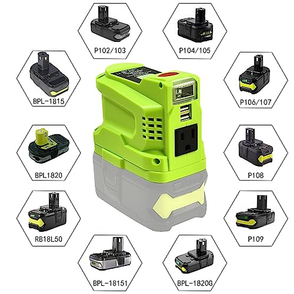 150W Power Inverter for Ryobi 18V Volt Lithium Battery,Portable Power Station Inverter with 2-USB&AC 110V-120v 200LM LED Light（Inverter only）