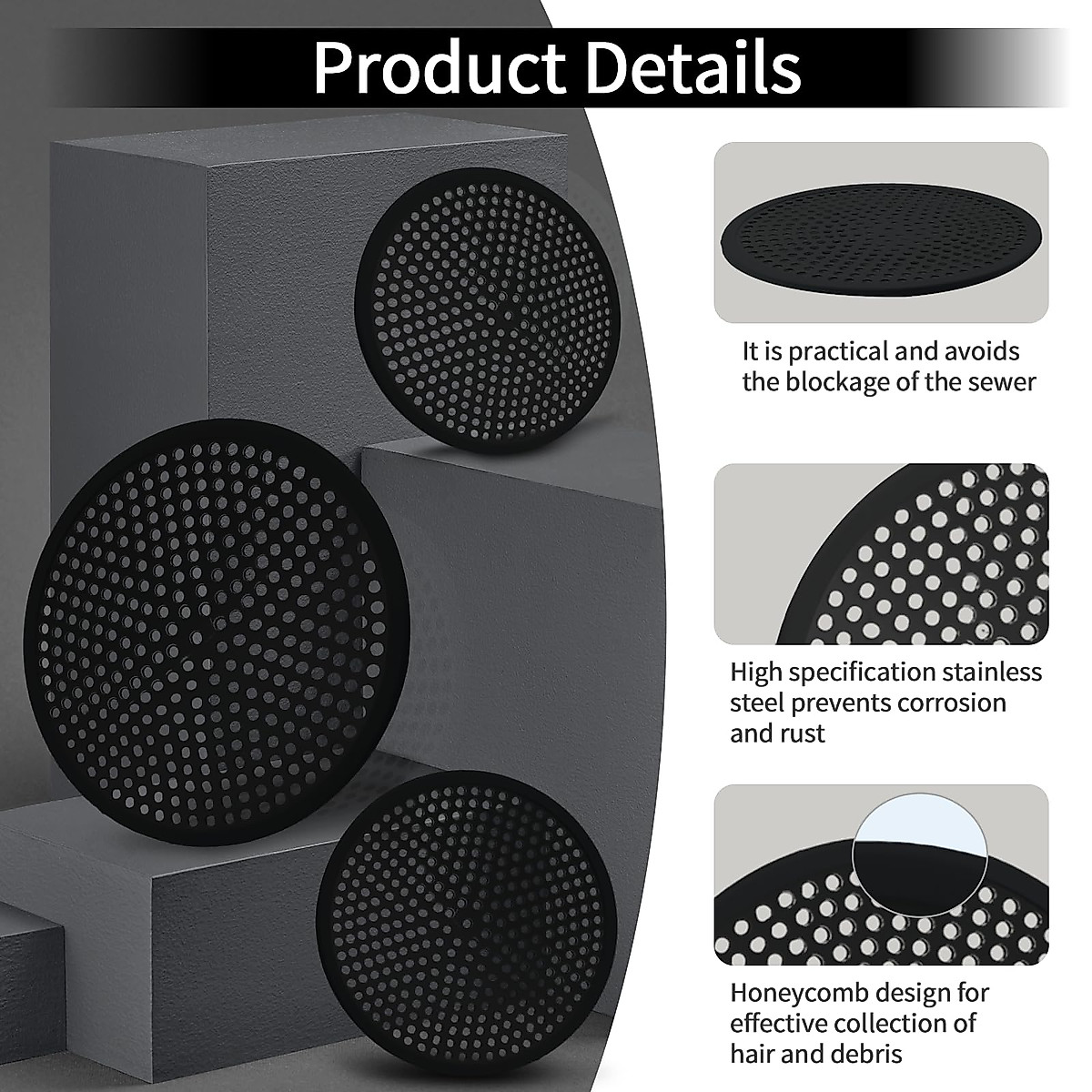 Jersvimc 2Pcs Satinless Steel Shower Drain Hair Cacher with Silica Gel, Black Shower Drain Strainer Bath Shower Drain Cover - 4.75"(120mm) Hair Stopper Floor Drain Protector