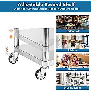 MYOYAY Commercial Stainless Steel Table with Caster Wheels 24"x24" Kitchen Worktables with Backsplashs Prep Food Workbench Under Shelf 110~220lbs Capacity for Restaurant