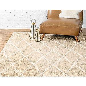 Unique Loom Rabat Shag Collection Modern Tribal Moroccan Inspired Plush & Soft Geometric Design Area Rug (5' 0 x 8' 0 Rectangular, Taupe/ Ivory)