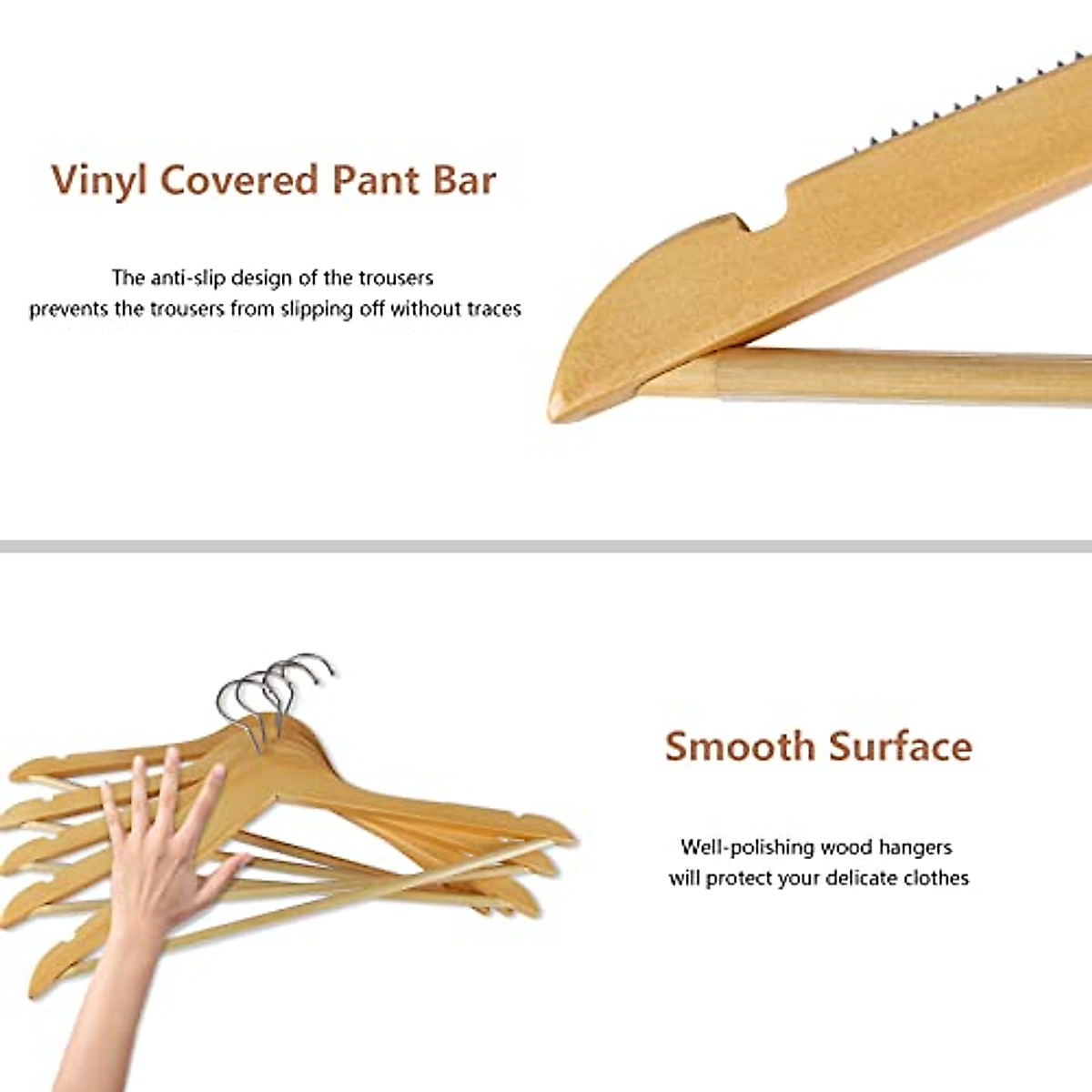 DEDU Wooden Hangers with Shoulder Grooves 24 Pack, Wooden Coat Hangers for Closet Heavy Duty with Non Slip Strip, Suit Hangers with Pant Bar 360° Swivel Hook for Shirt, Weeding Dress, Pants (Natural)