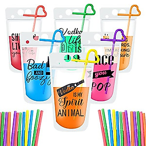 48pc Drink Pouches with Straws, Stand-Up Plastic Drink Pouches for Adults Bags with Zipper Party Beverage Bags Juice Pouches for Smoothie, Cold & Hot Drinks with 48 Drink Straws(48 Sets,6 Styles)