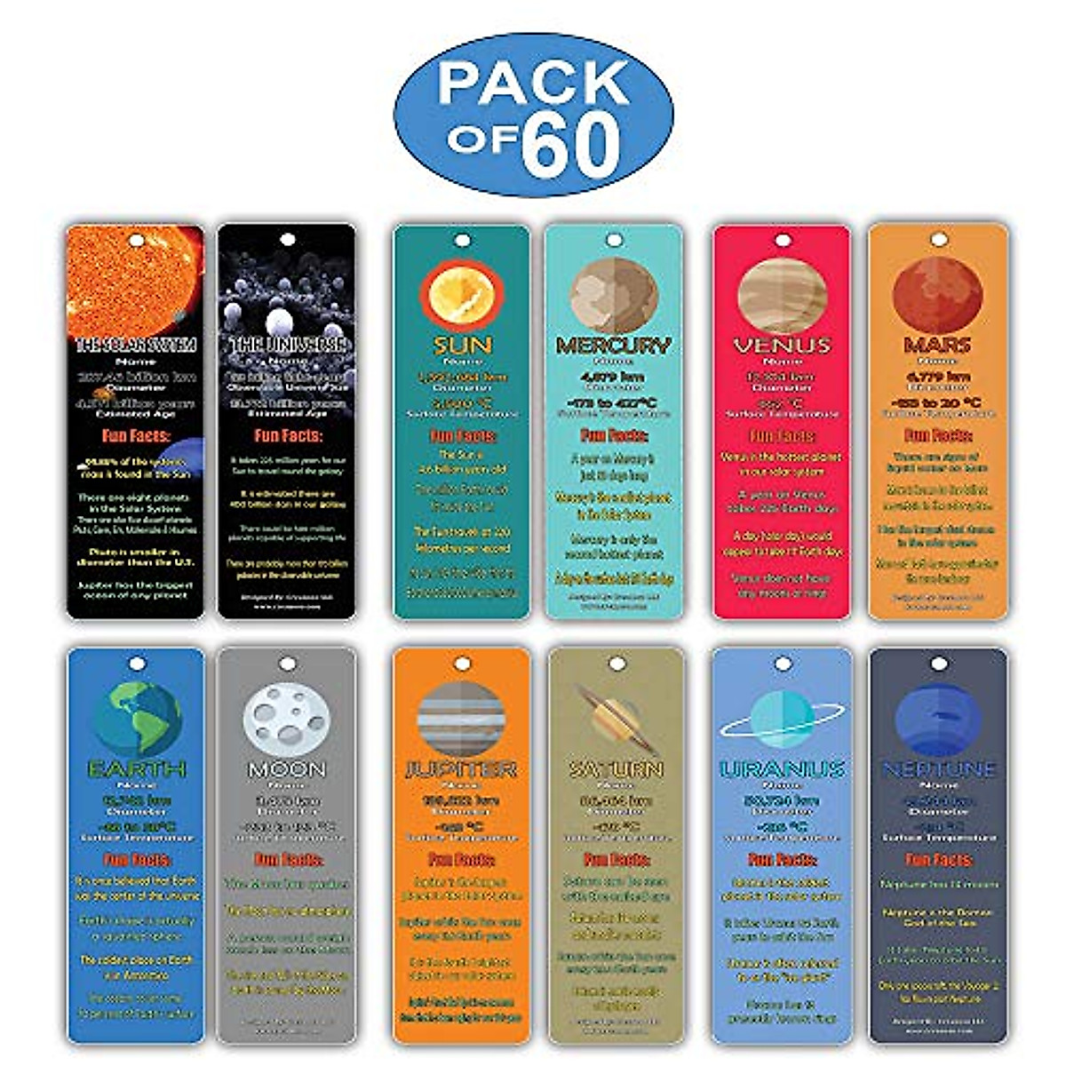 Outer Space Planets Universe Fun Facts Bookmark Cards (60-Pack)- Astronomy Sun Venus Mars Earth Moon Jupiter Saturn Uranus Neptune - Astrophysics Party Favors - Teacher Classroom Incentive Giveaways