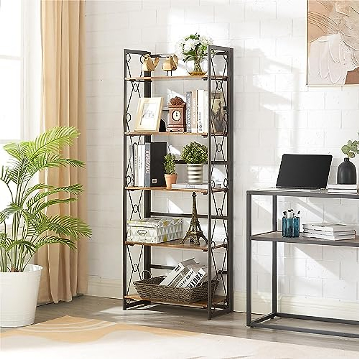 VECELO 5 Tier Folding Bookshelf, 2-Step Assembly Foldable Bookcase, Collapsible Book Shelves with Metal Lace X Frame and Anti-Toppling Design,Antique Brown,1 Set