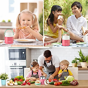 FEWOO Food Jar, 13.5oz Insulated Lunch Soup Container for Hot Cold Food for Kids Adults, Leak Proof Vacuum Stainless Steel Food Jar with Folding Spoon for School Travel Outdoors (Green-Pink)