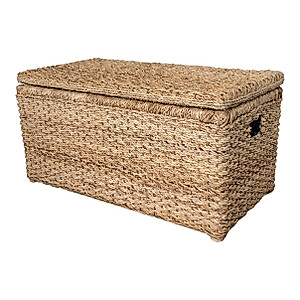 Wholestory Collective Handwoven Wicker 35" Banana Leaf Rattan Storage Trunk and Chest Seagrass XL Organizers with Lid, Natural Color with Handles