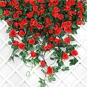 Vopie 4 Pack Fake Rose Vine Flowers Plants 32.2 FT Artificial Flower Hanging Rose Ivy Home Hotel Office Wedding Party Garden Craft Art Decor (Red)
