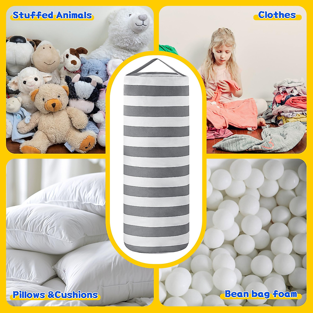 LAHAQIQI Stuffed Animal Storage Bean Bag Cover for Kids Plush Toys Organizer Bags for Boys and Girls A Full-length Zipper Cylinder Room Furniture Decor - Organize, Sit, Play & Box