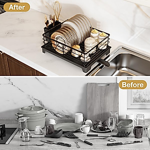 MAJALiS 304 Stainless Steel Dish Drying Rack for Kitchen Counter, 2 Tier Large Dish Draines, Dish Strainers with Drainboard Set, Dish Dryer Rack with Utensil Holder, Knife Holder (Black)